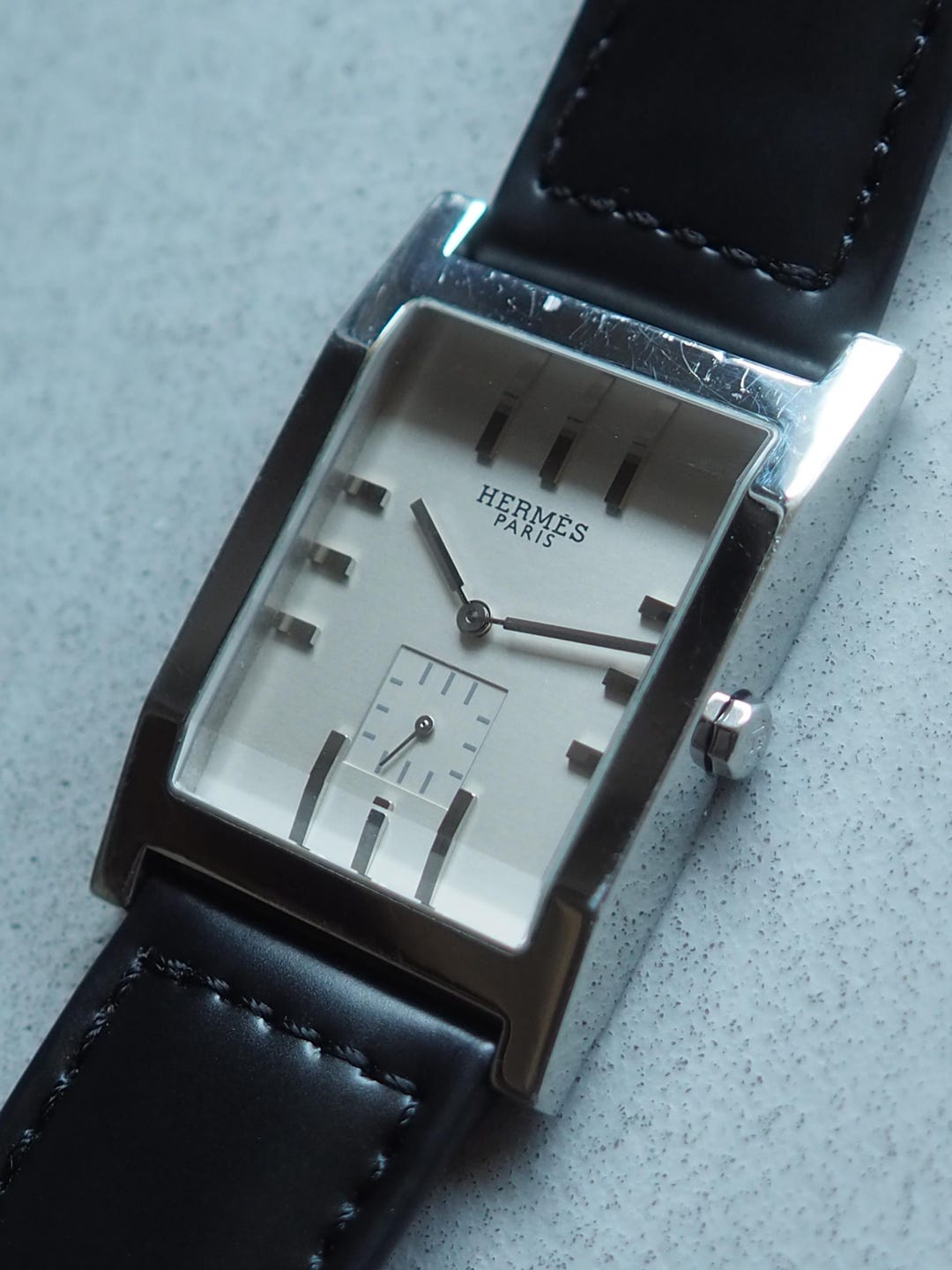 HERMES Tandem Watches Watch Silver Color Stainless Steel Black Leather ...