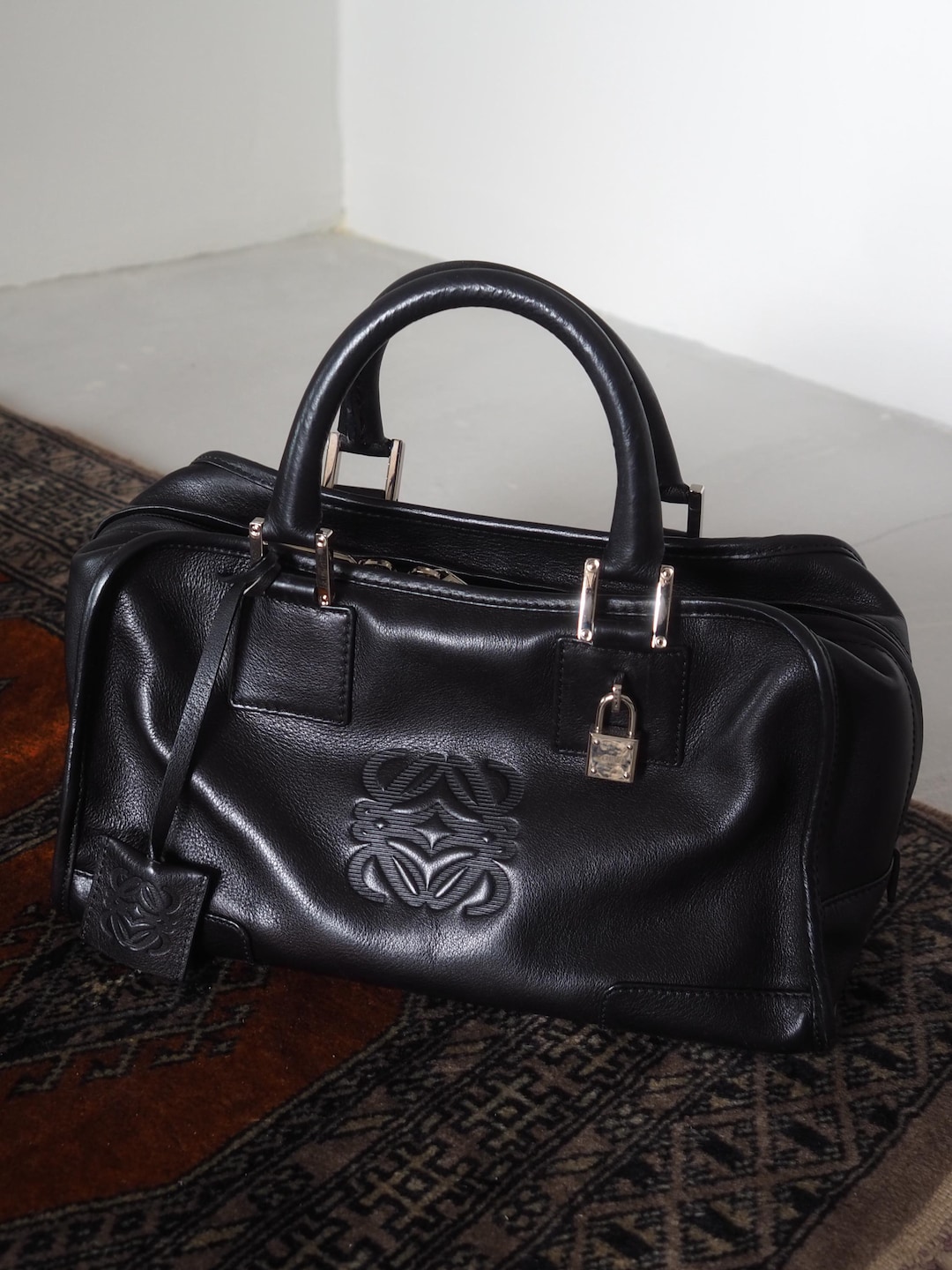LOEWE Amazona 28 Anagram Hand Mini Boston Bag Leather Black Silver ...