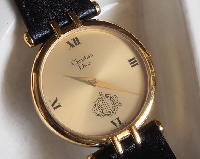 Christian Dior Round Emblem Logos Watch Gold Metal Leather Quartz ...