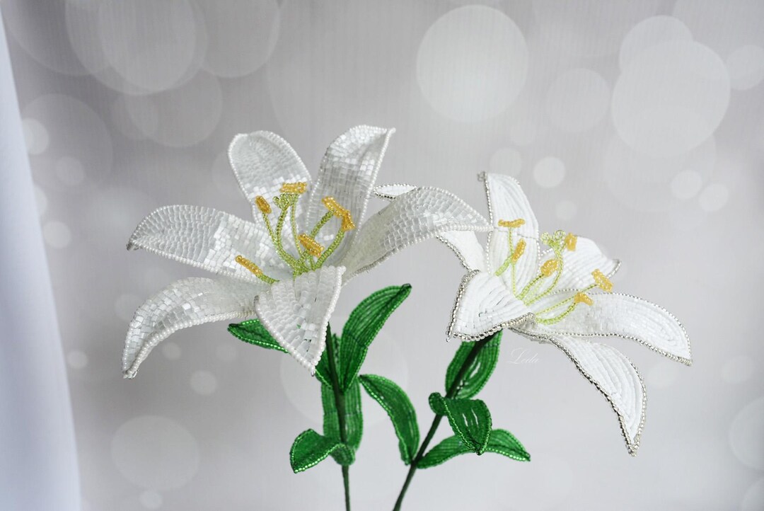White Beaded Lily, Easter Lily, French Beaded Flowers, Lily Branch ...