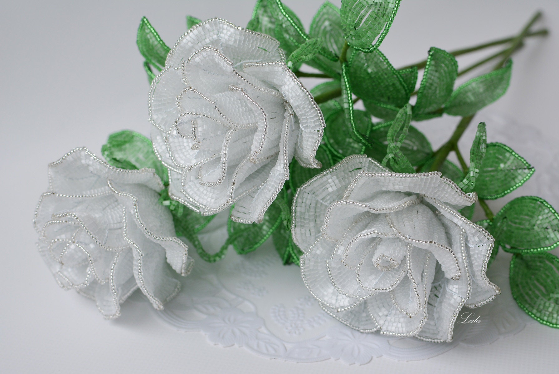 Bouquet beaded roses white roses set of 3 beaded roses | Etsy