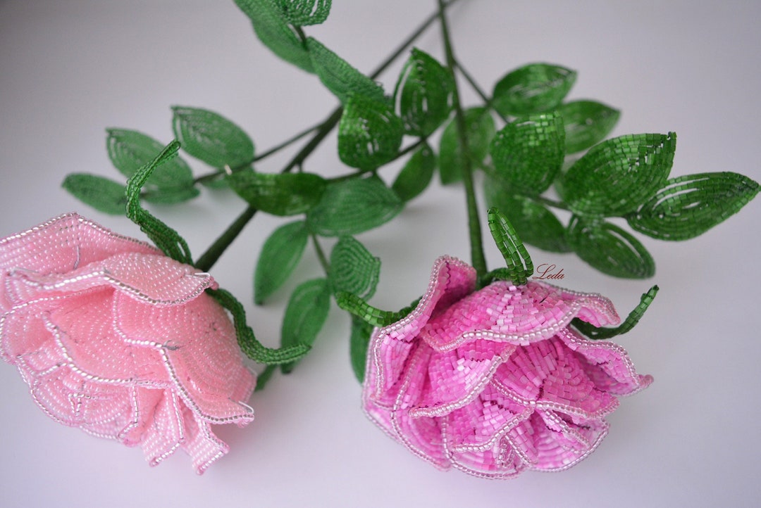 Beaded Rose With Stem, French Beaded Flower, Beaded Winter Rose, Beaded ...