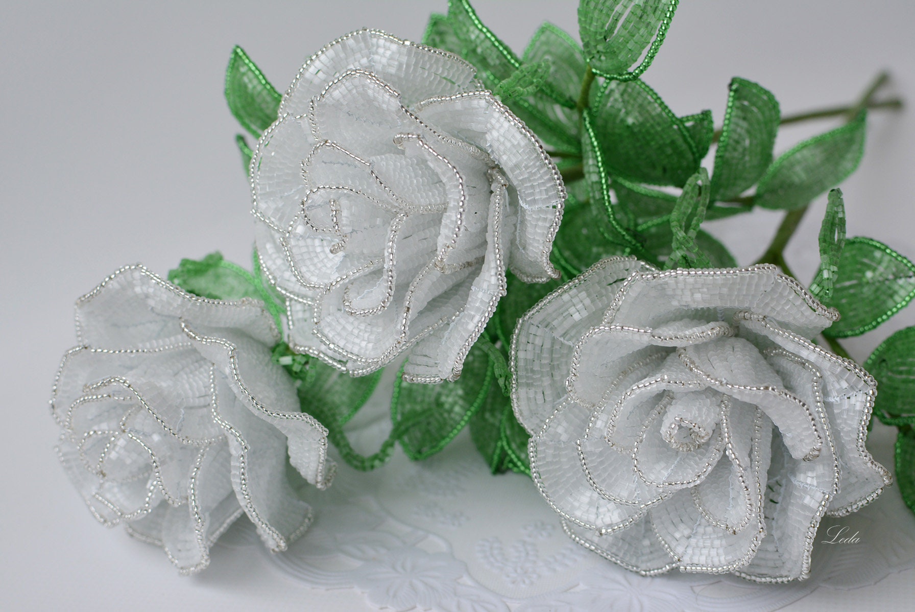 Bouquet beaded roses white roses set of 3 beaded roses | Etsy