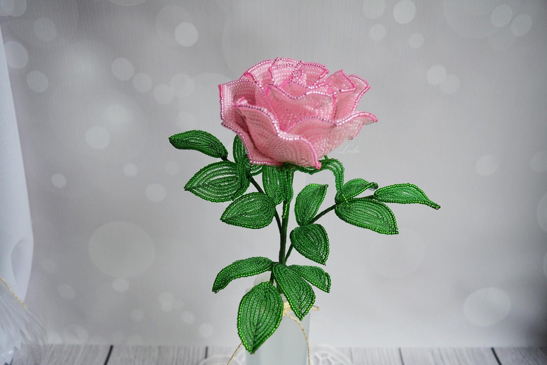Beaded Flowers, Rose of Glass Bead, Beaded Rose in a Vase, Pink Beaded ...