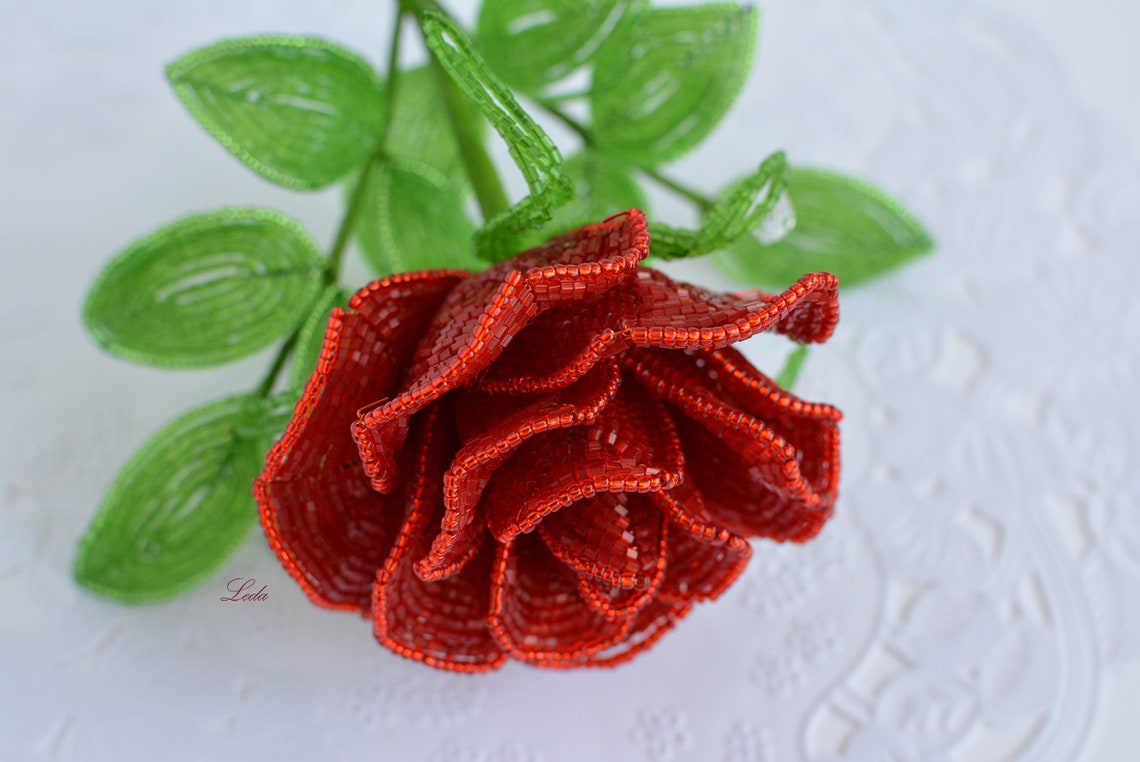 Beaded Rose French beaded flowers Stem Red Rose eternal | Etsy