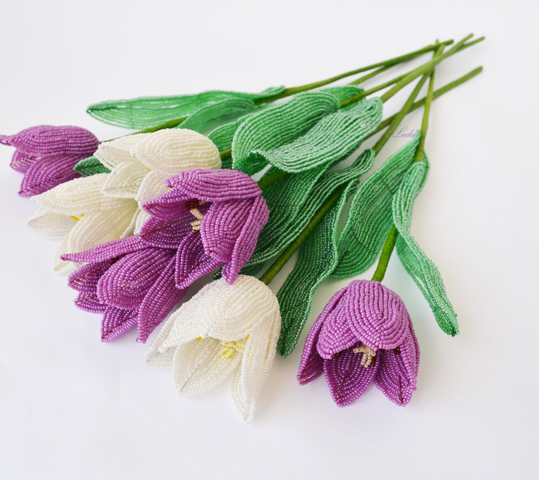 Beaded Tulip Stem, White Tulips, Spring Beaded Flowers, French Beaded ...