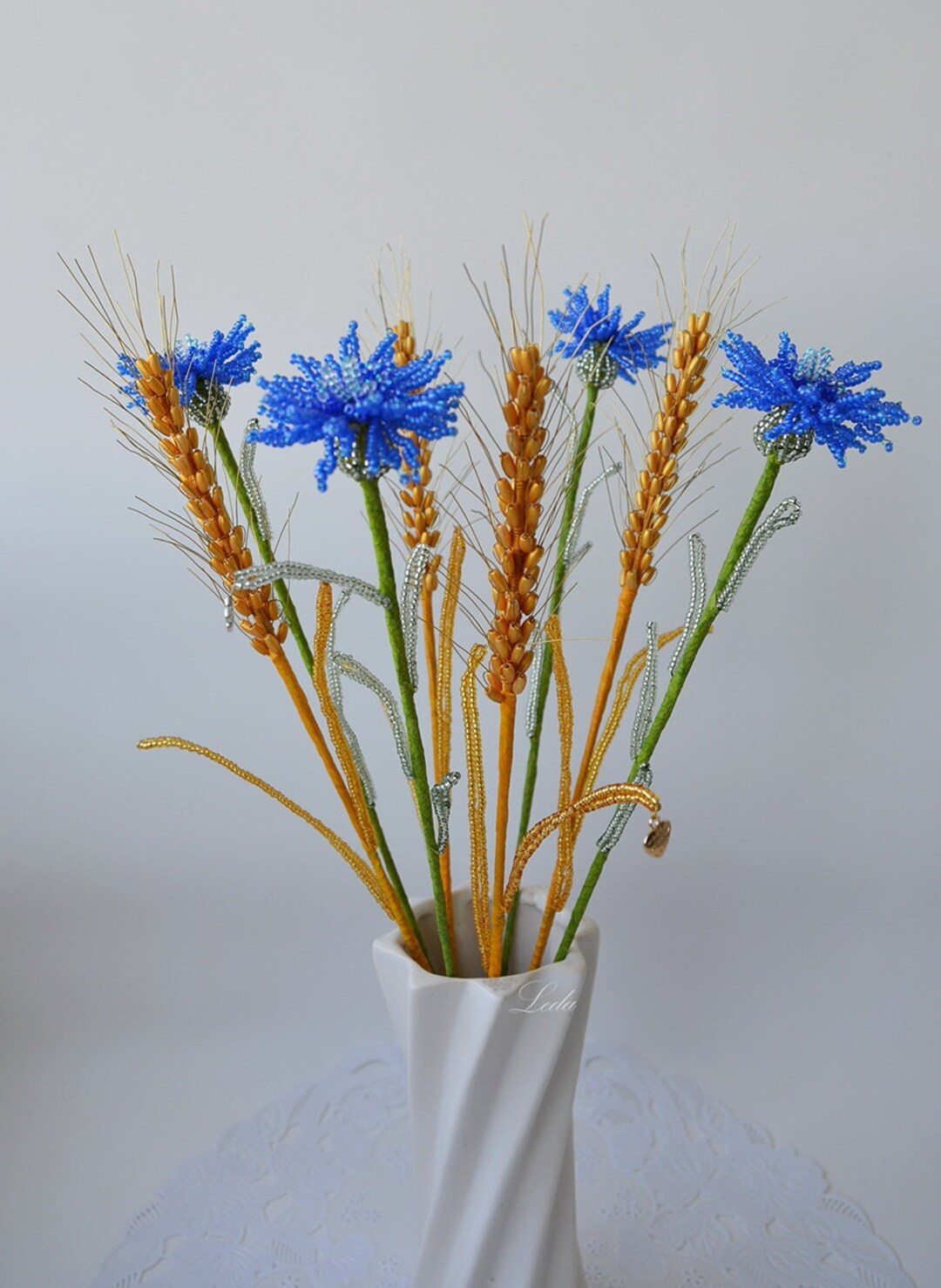 Bouquet of 8 Beaded Flowers, Cornflower Blue, Wheat Stem, Beaded ...