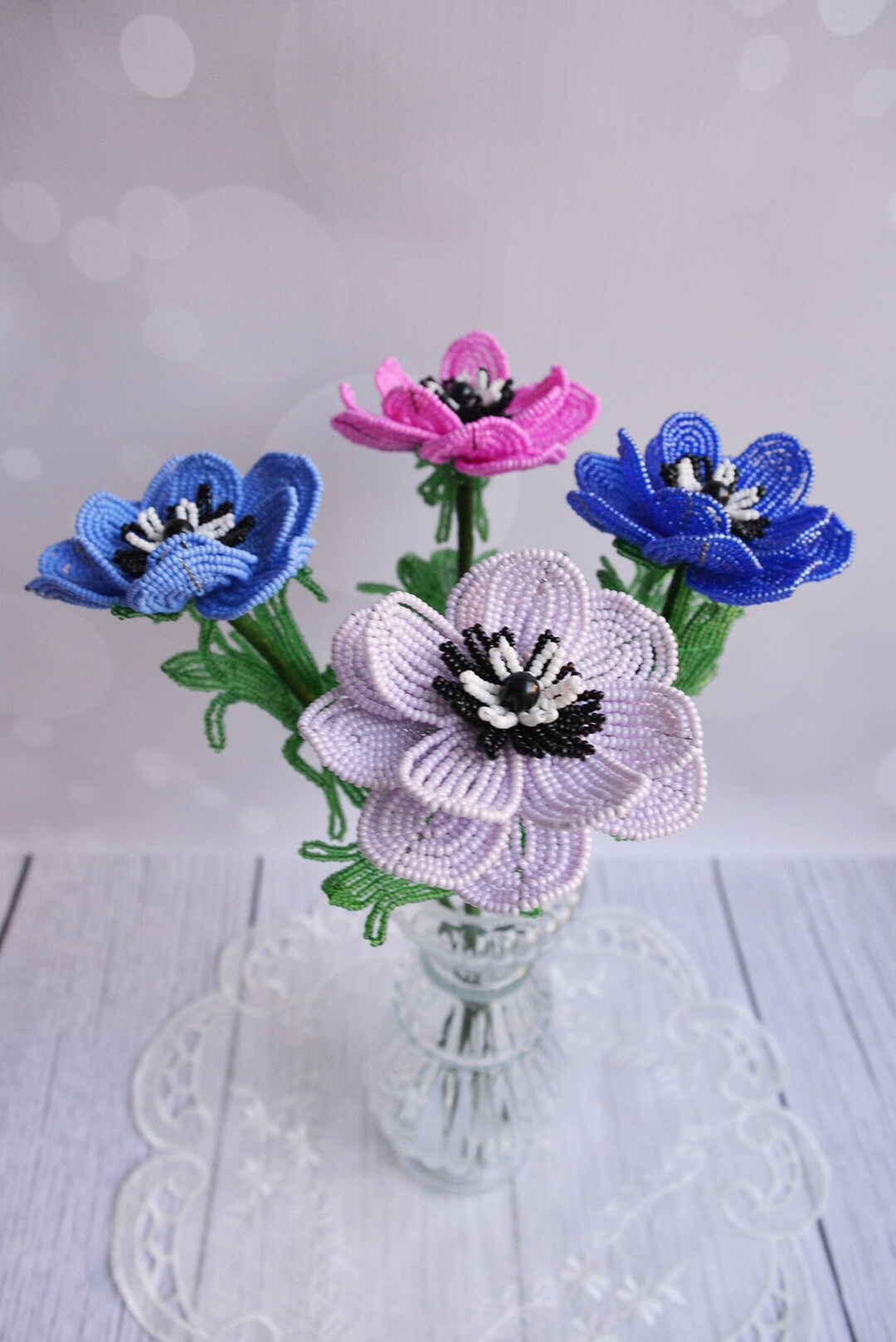 Beaded Flowers Anemone, Wild Flowers Bouquet, Field Flower, Anemones of ...