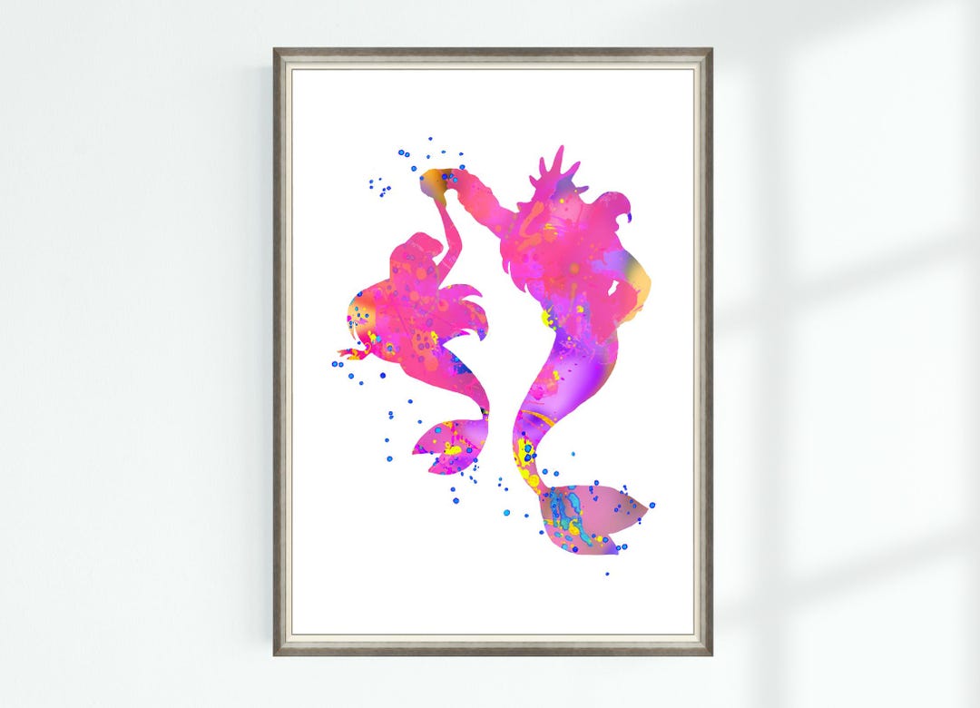 Little Mermaid Ariel and Triton Poster Princess Print Watercolor Kids ...