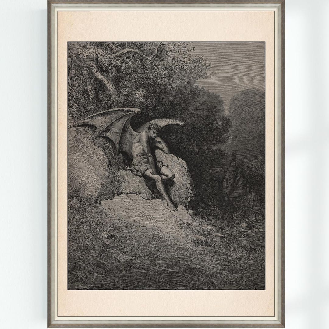 Lucifer in Eden Paradise Lost Fallen Angel Print Gustave Dore Engraving ...