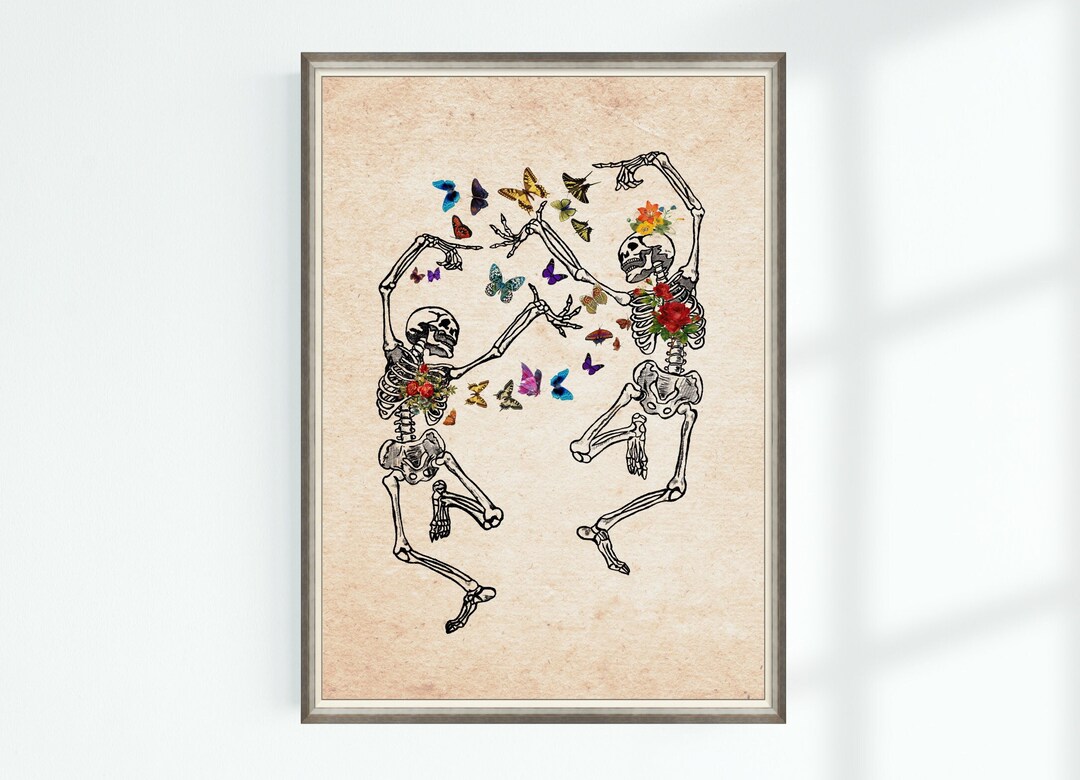 Dancing Skeletons Flowers Anatomy Poster Butterfly Print Medical ...