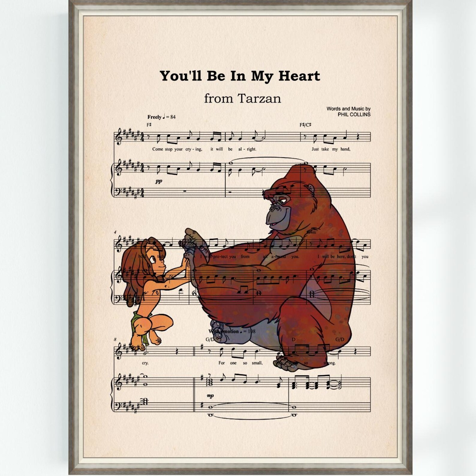 Tarzan and Kala Poster You'll Be in My Heart Music Sheet Musical Art ...