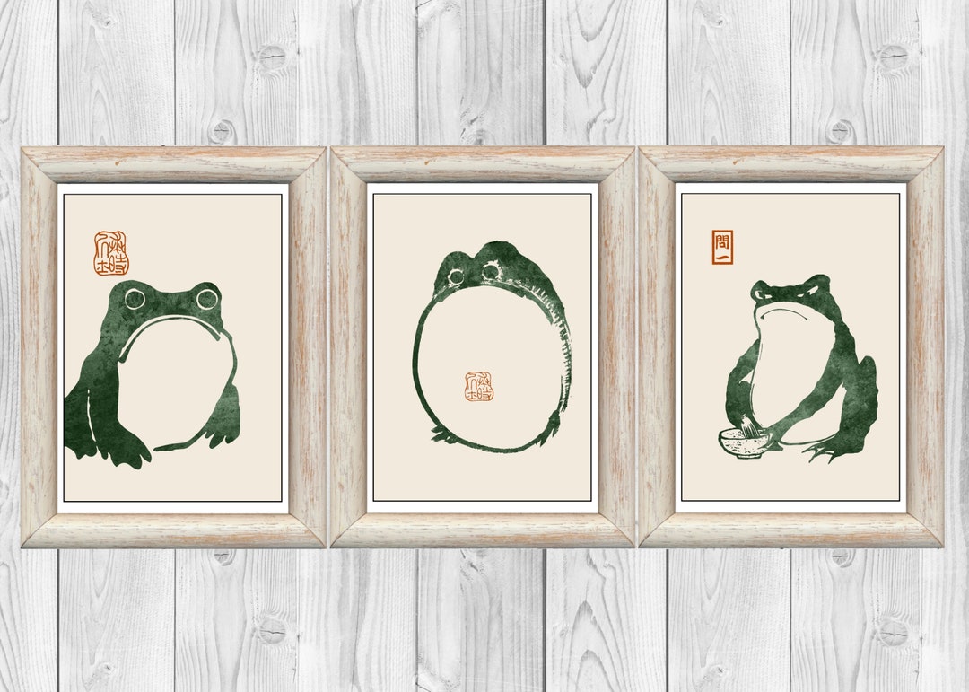 Set of 3 Green Japanese Frog Poster Grumpy Frogs Wabi Sabi Matsumoto ...