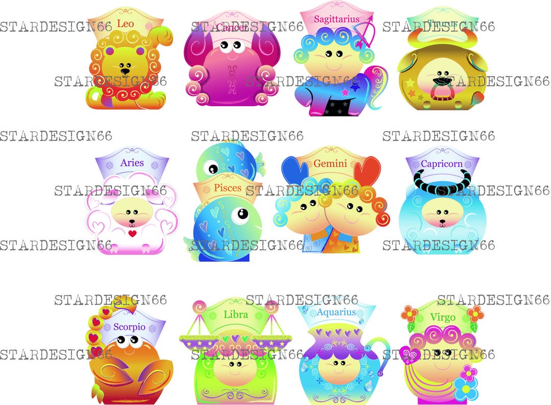 Digital EPS PNG JPG Cartoon Zodiac Set, Clipart, Vector, Template ...