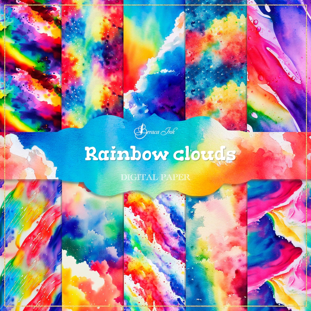 Rainbow Clouds Digital Paper, Seamless Pattern, Watercolor Rainbow ...