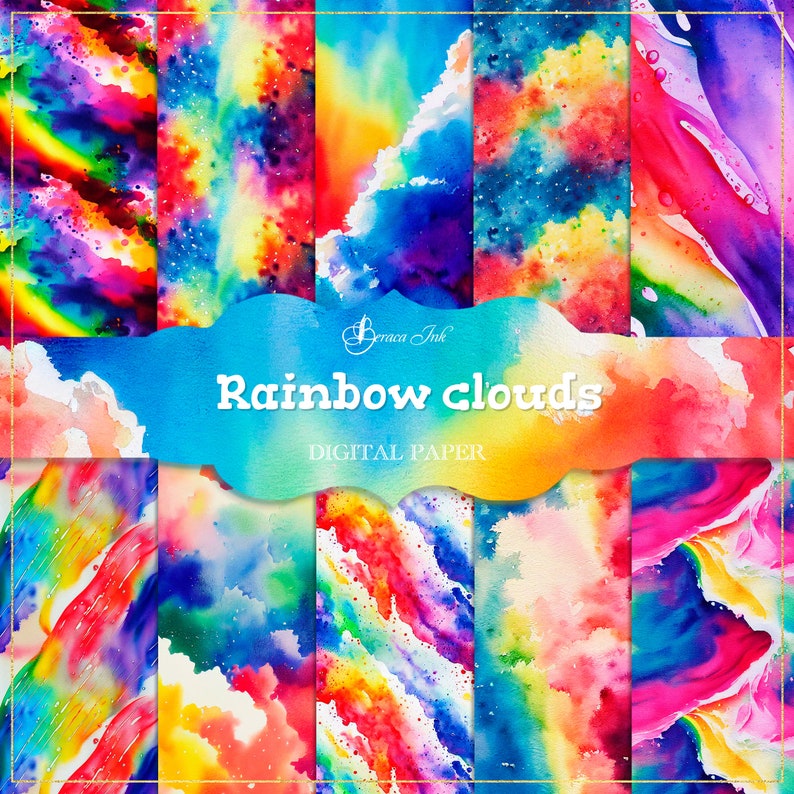 Rainbow Clouds Digital Paper, Seamless Pattern, Watercolor Rainbow ...