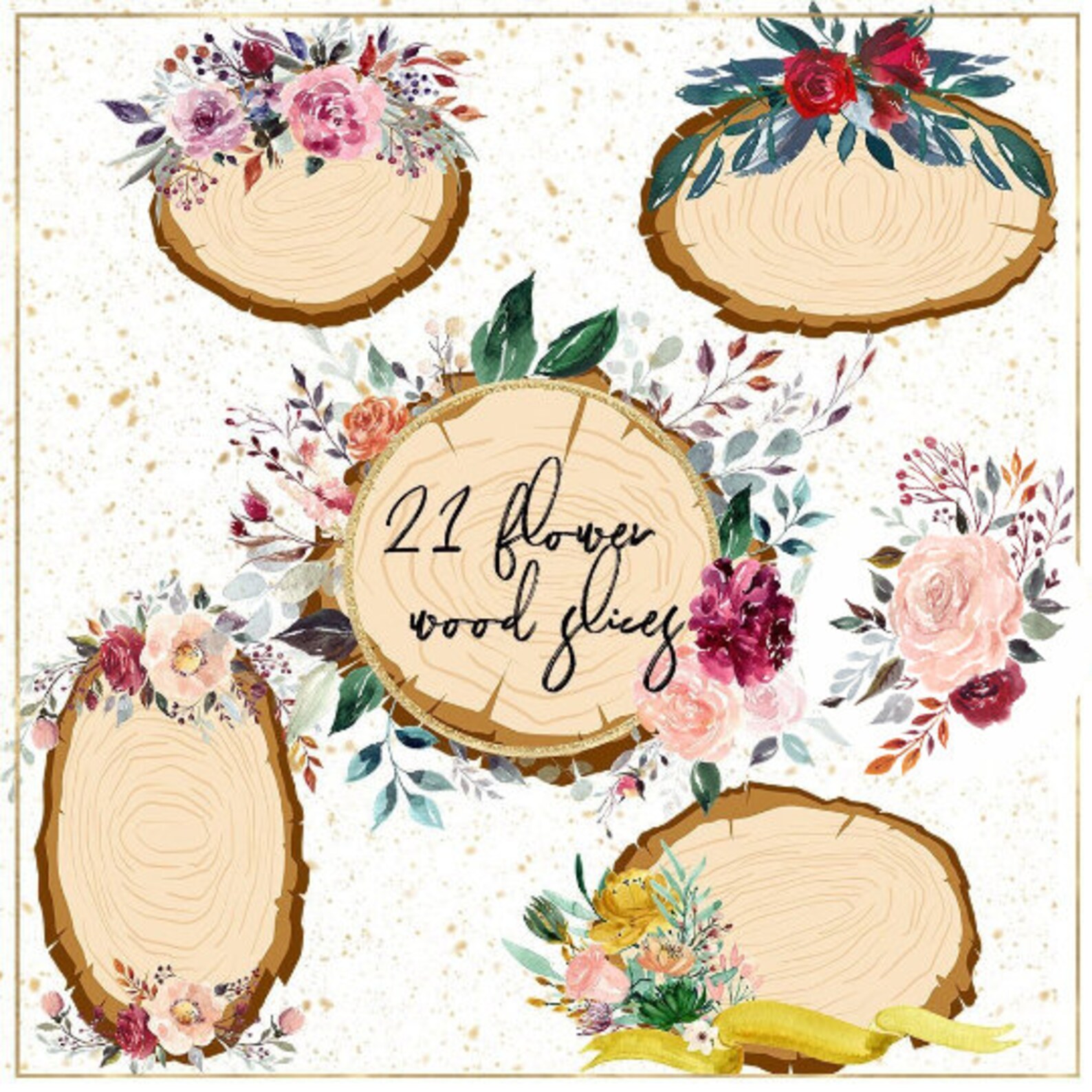 Flower Wood Slice Clipart Watercolor Flowers Clipart Flower | Etsy