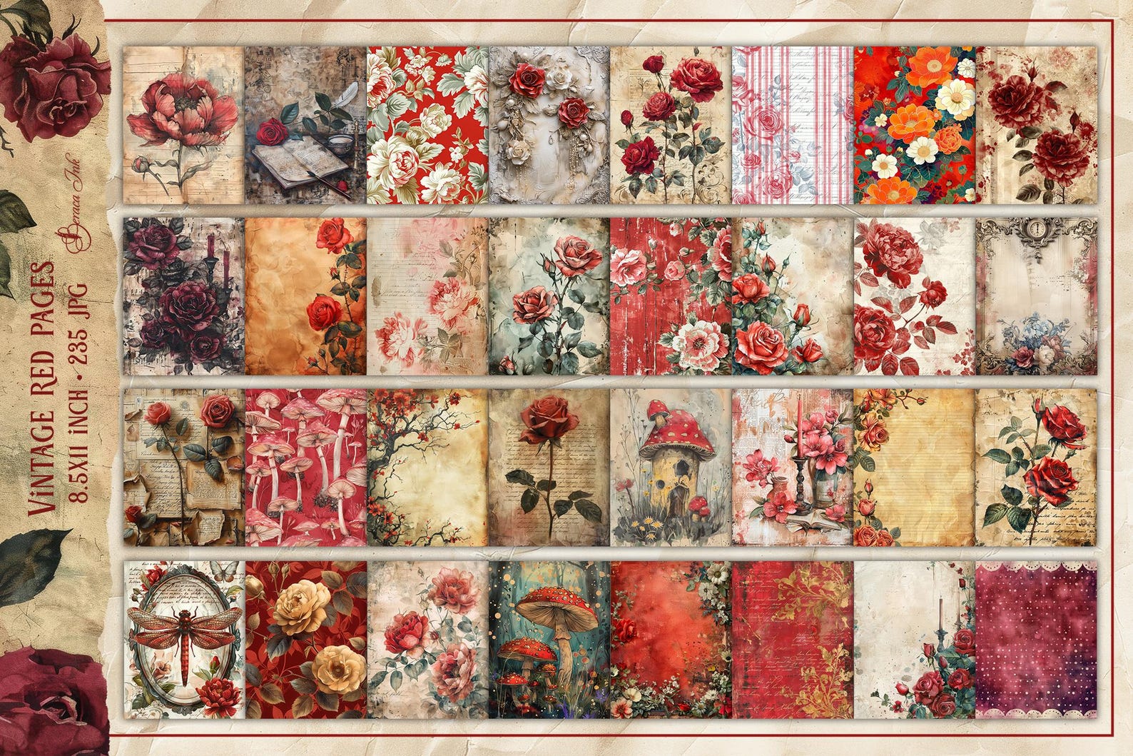 Vintage Red Junk Journal Pages Bundle, Flower Digital Paper, Red Roses ...