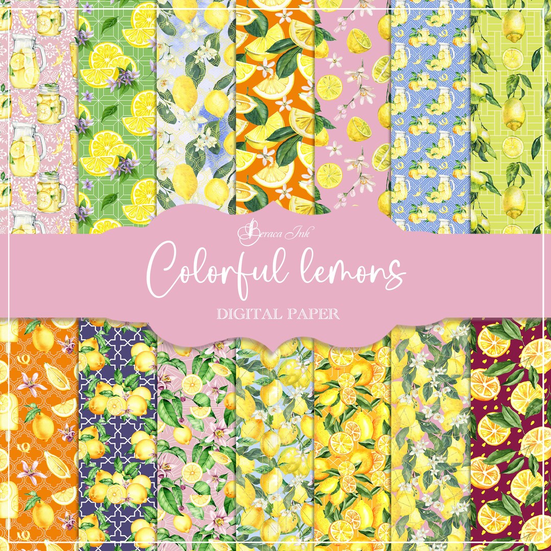Colorful Lemons Digital Paper, Seamless Pattern, Pink Lemonade ...