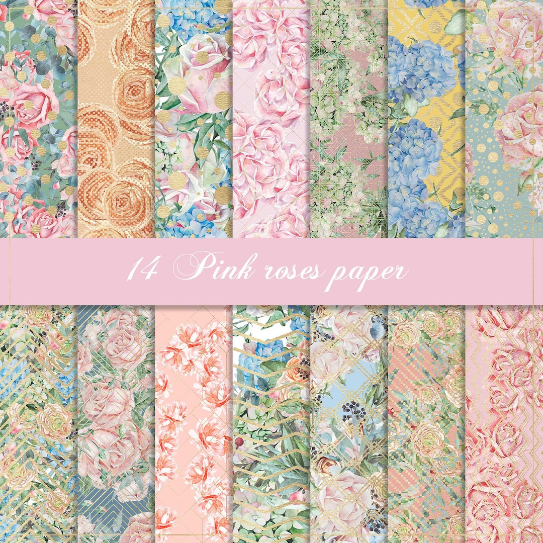 Pink Roses Digital Paper, Shabby Chic Paper, Blue Hydrangea, Pastel ...