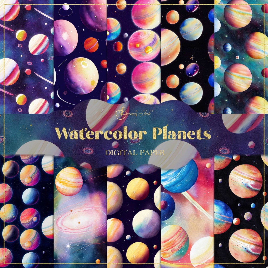 Watercolor Planets Digital Paper, Seamless Pattern, Solar System ...
