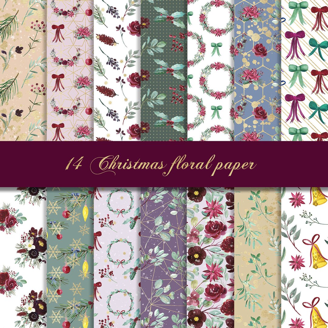 Christmas Floral Digital Paper, Seamless Flower Pattern, Burgundy ...