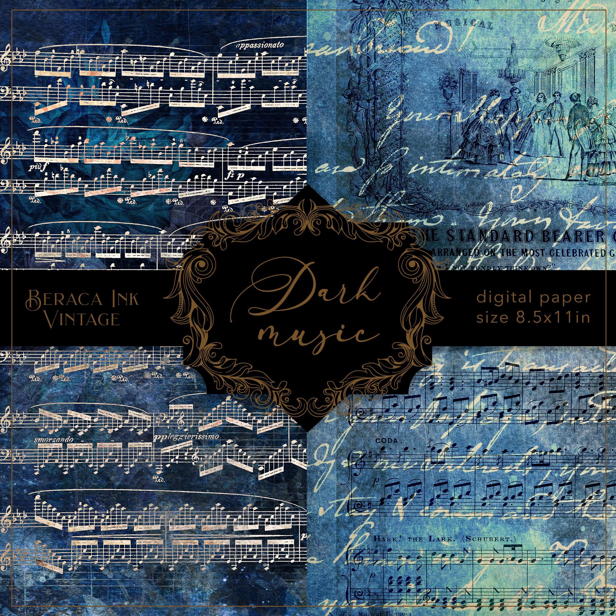 Dark Music Digital Paper, LETTER SIZE Scrapbook, Vintage Music Sheet ...