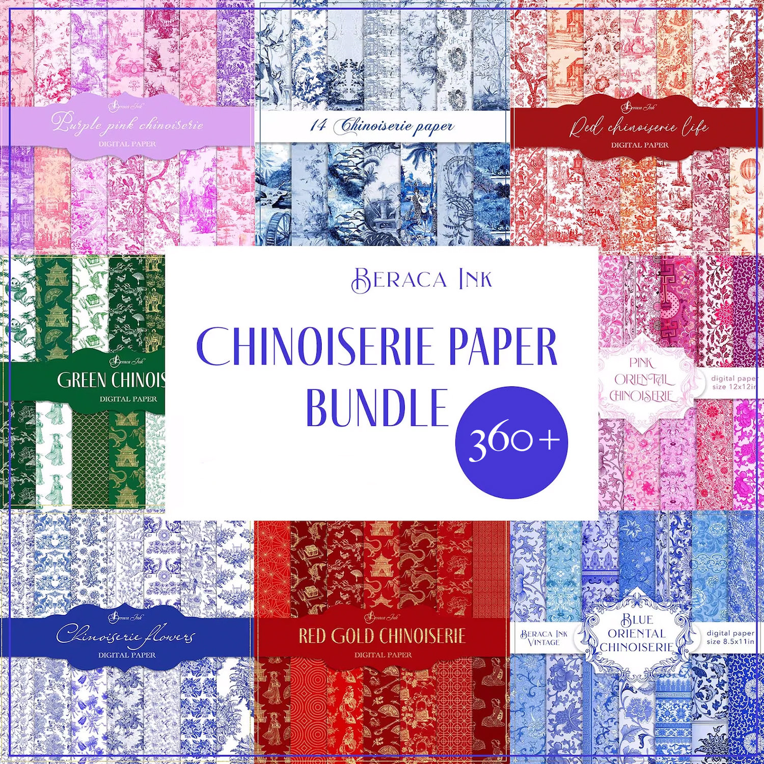 Chinoiserie Paper BUNDLE, Asian Digital Paper, Blue Chinoiserie, Red ...