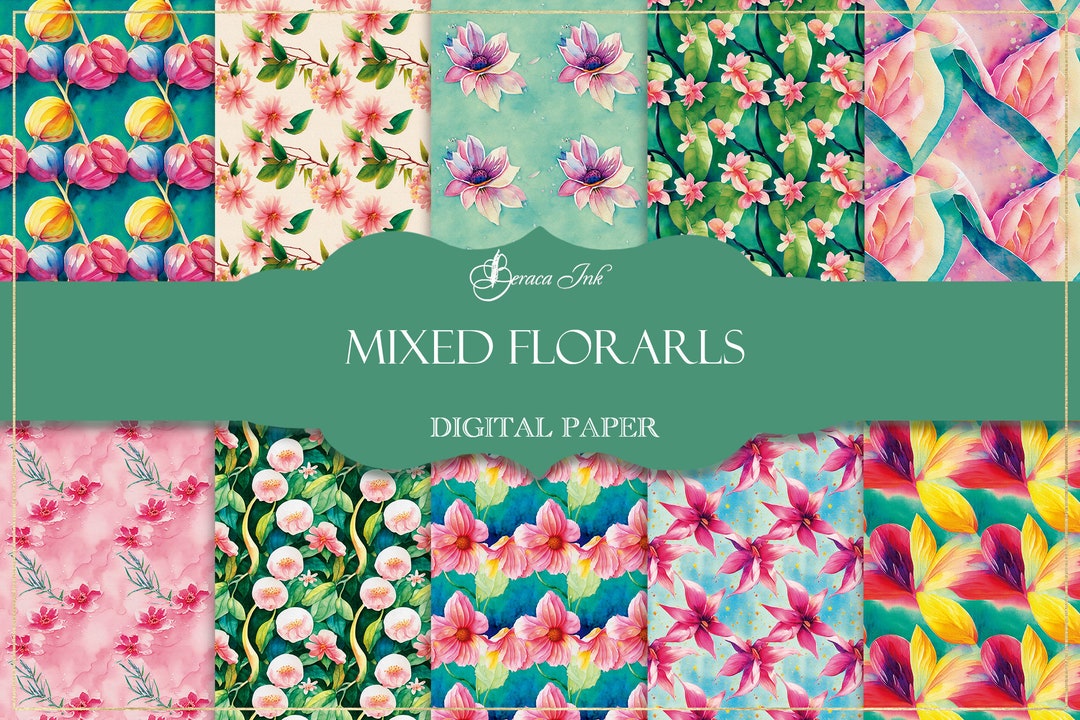 Mixed Florals Digital Paper, Seamless Pattern, Watercolor Paper, Pink ...