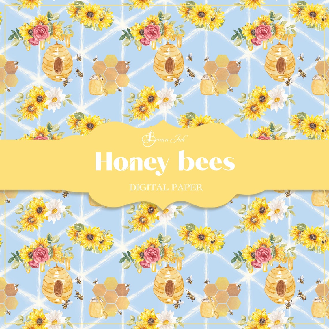 Honey Bees Digital Paper Seamless Pattern Sunflower - Etsy