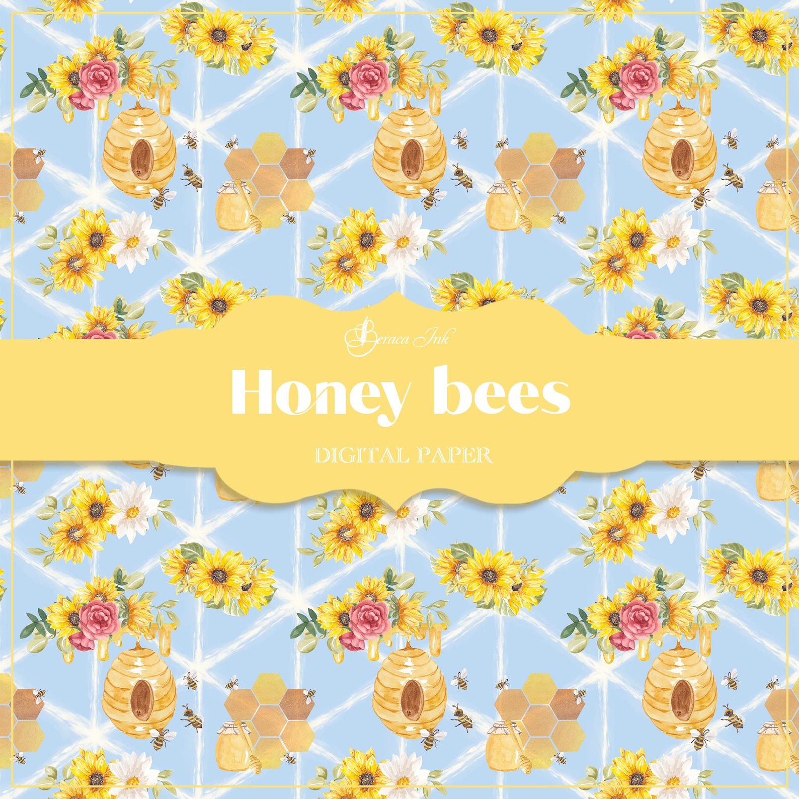 Honey Bees Digital Paper Seamless Pattern Sunflower - Etsy