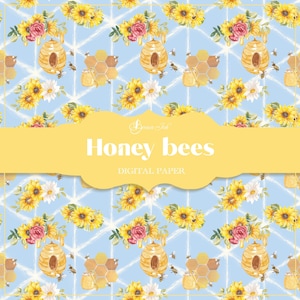 Honey Bees Digital Paper, Seamless Pattern, Sunflower Background, Bee ...