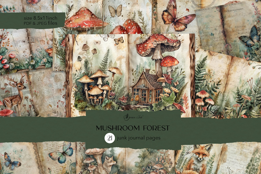 Mushroom Forest Journal Pages, Vintage Mushrooms Digital Junk Journal ...