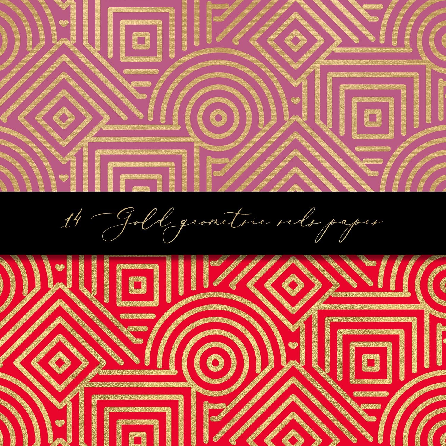 Red Gold Geometric Digital Paper, Ombre Pink Background, Art Deco ...