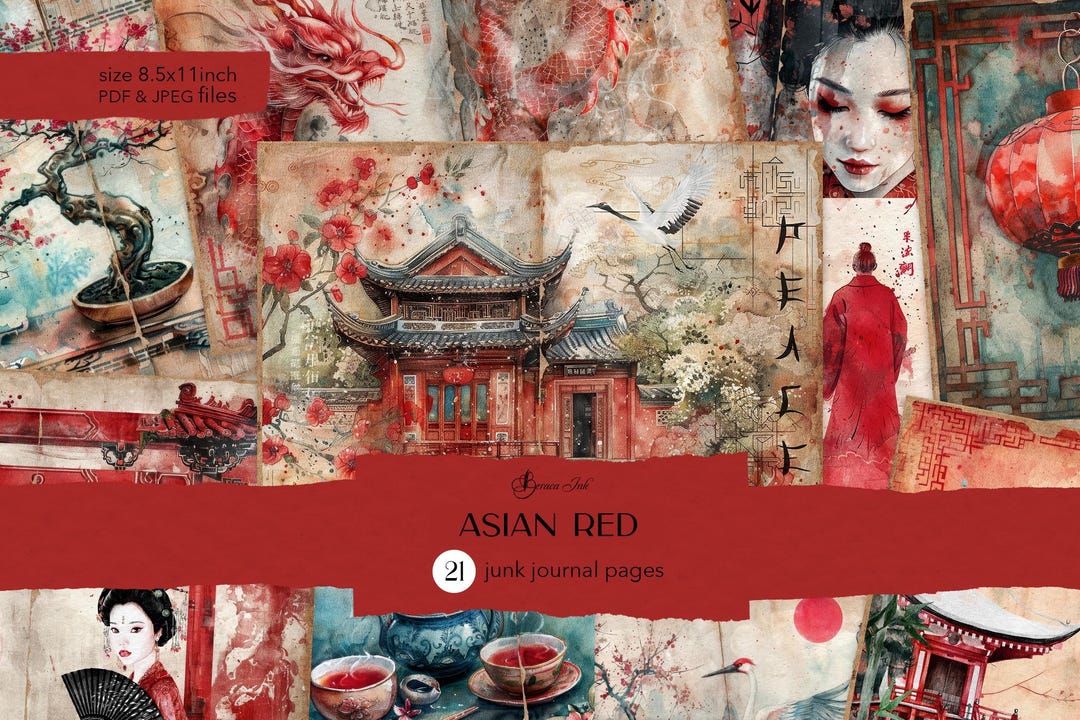 Asian Red Journal Pages, Japanese Junk Journal, Chinese Digital Paper ...