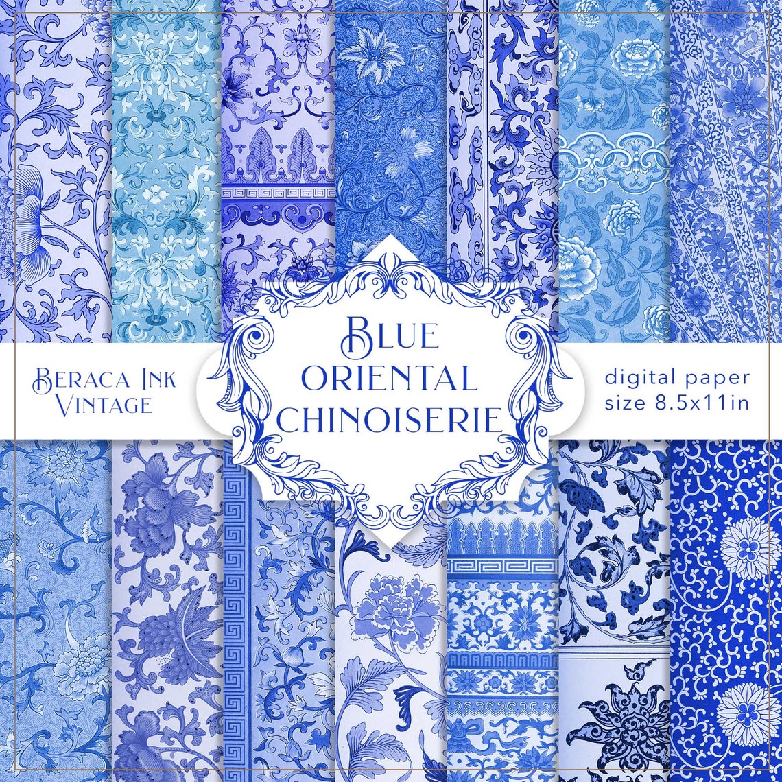 Blue Chinoiserie Digital Paper Floral Pattern Blue | Etsy