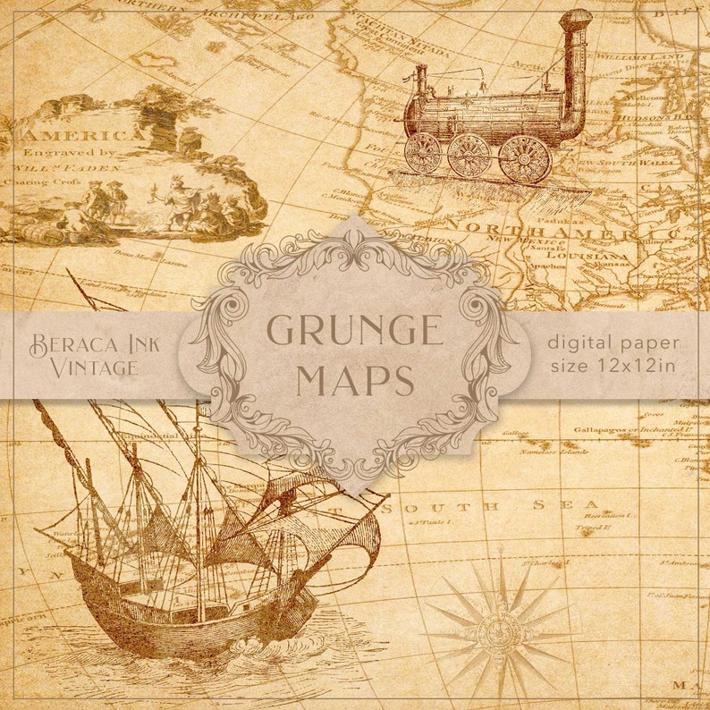 Grunge Maps Digital Paper, Old Maps Paper, Junk Journal, Ephemera Paper ...