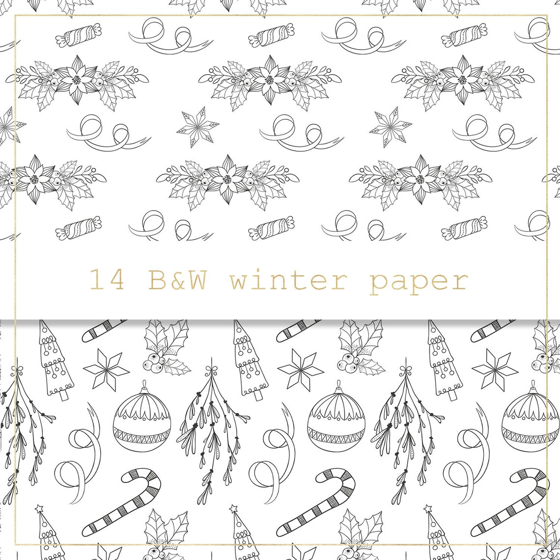 Black and White Winter Digital Paper Seamless Pattern Hand - Etsy