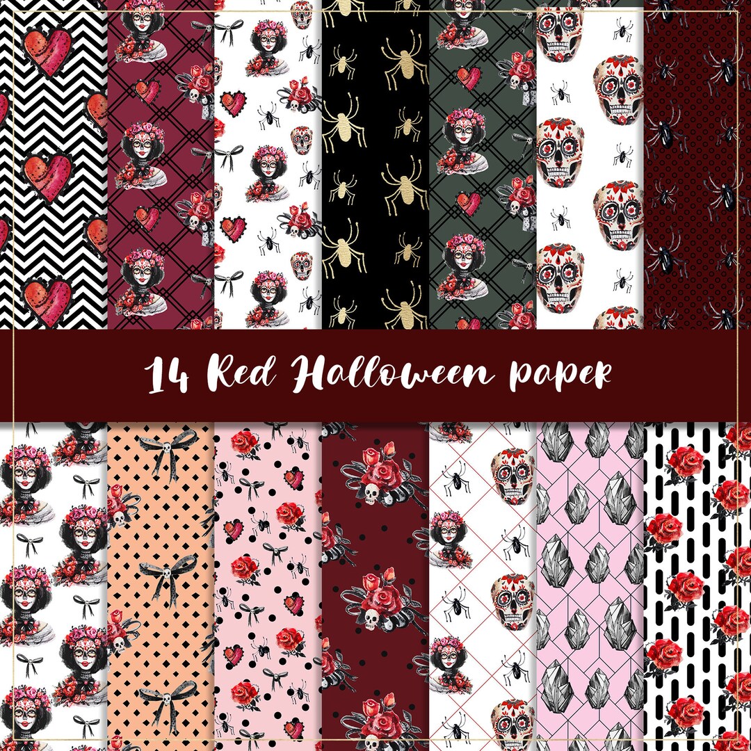 Red Halloween Digital Paper, Seamless Pattern, Dia De Los Muertos Paper ...