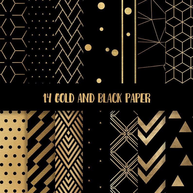 Black and Gold Digital Paper Set, Geometric Patterns (digital Download ...