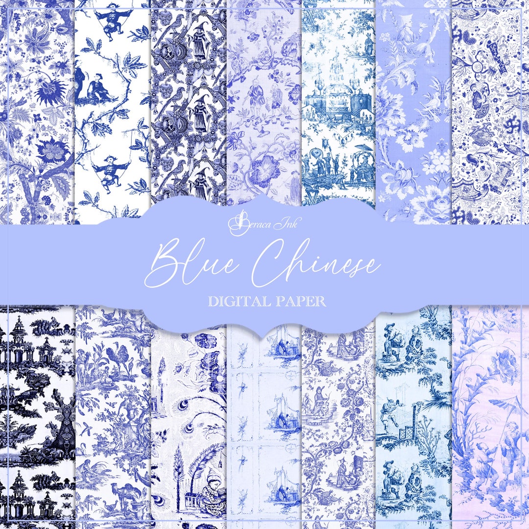 Blue Chinese Digital Paper, Chinoiserie Wallpaper, Blue Ceramic Paper ...
