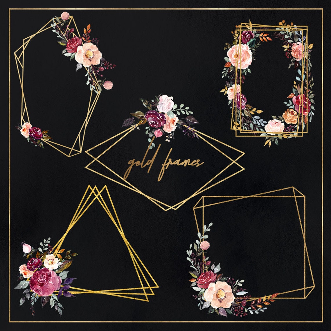 Pink Flower Geometric Frames Clipart Watercolor Flower - Etsy