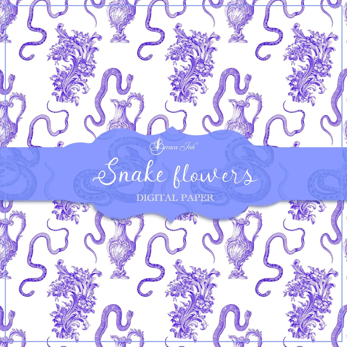 Snake Flowers Digital Paper Blue Snakes Paper Chinoiserie - Etsy