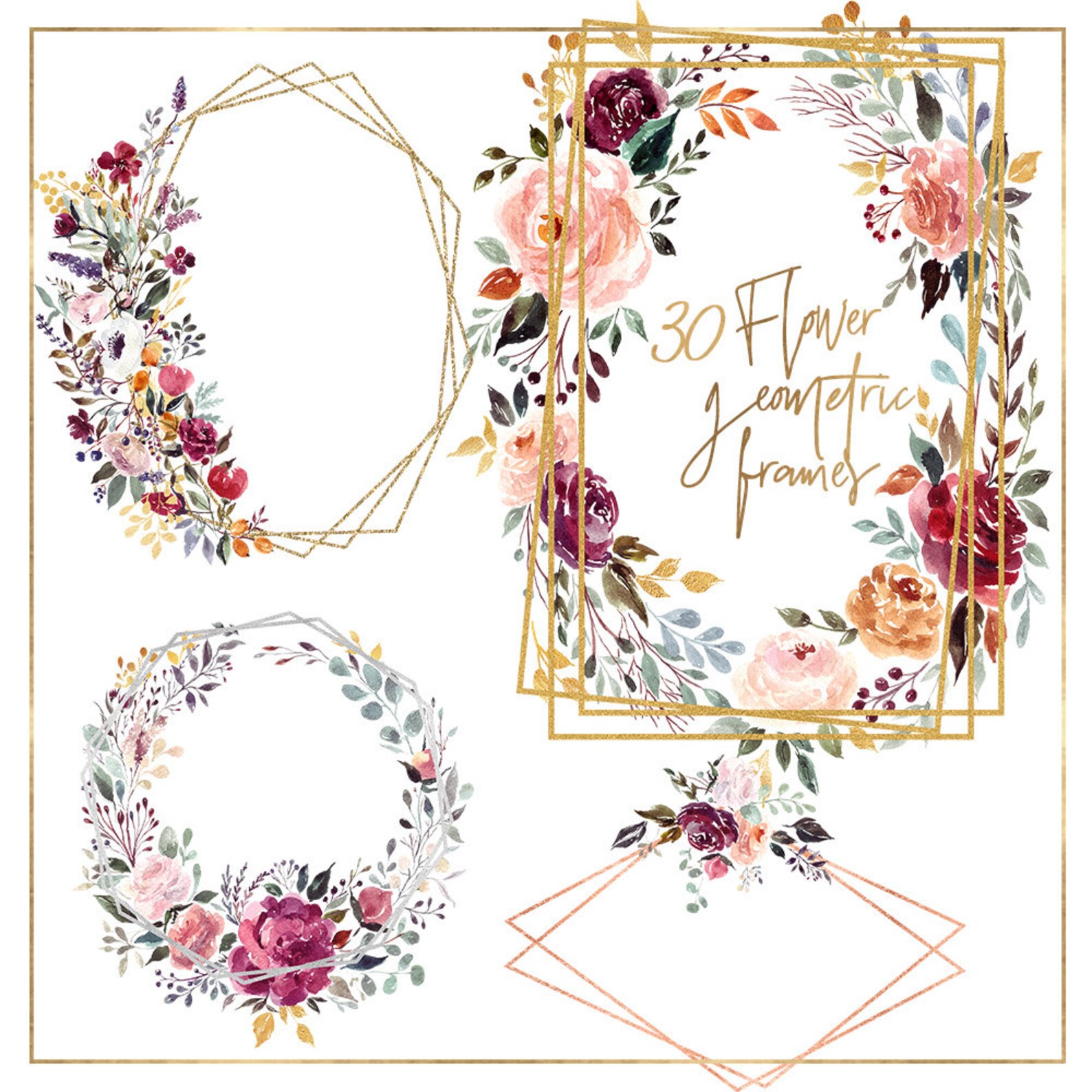 Pink Flower Geometric Frames Clipart Watercolor Flower - Etsy