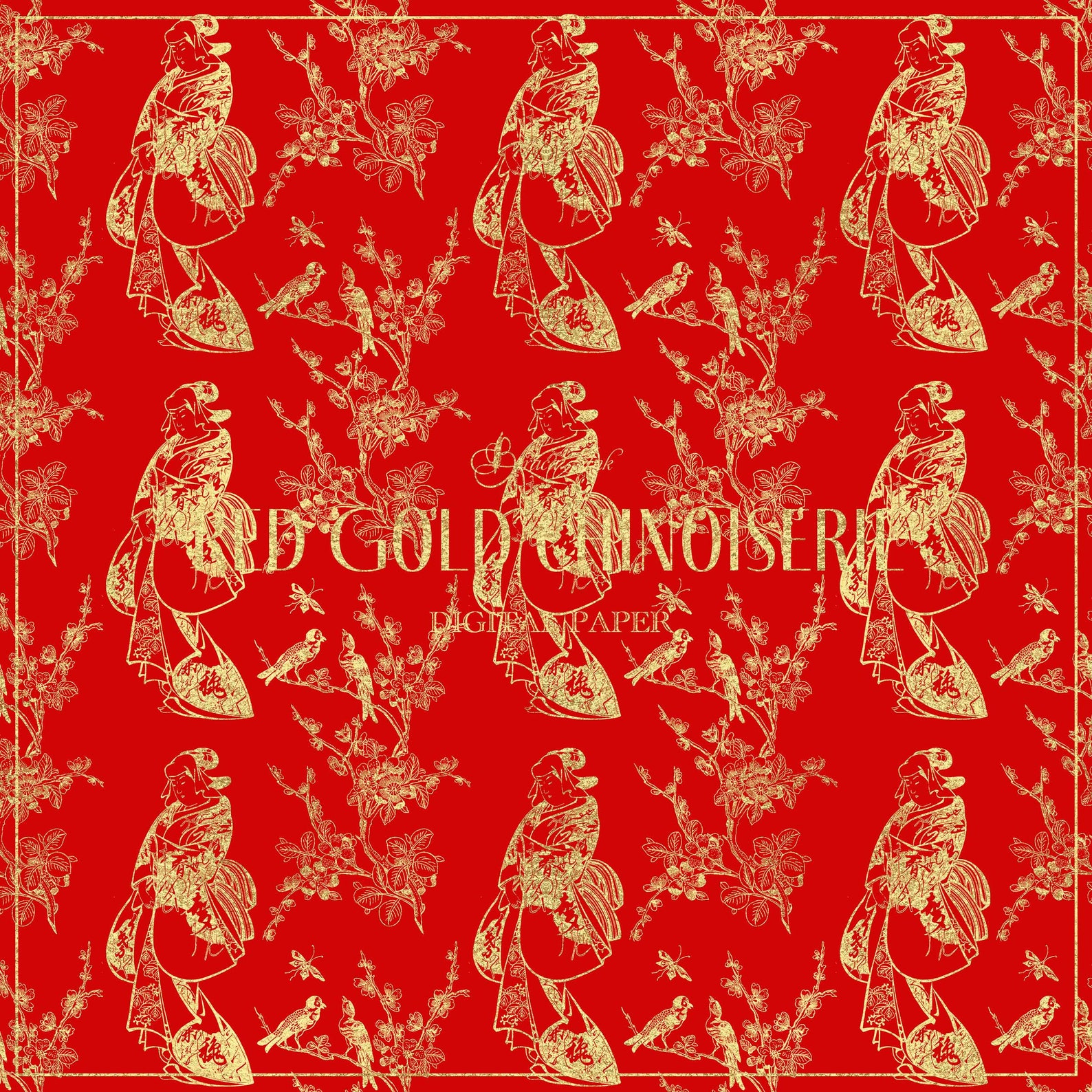 Red Gold Chinoiserie Digital Paper, Seamless Pattern, Geisha Wallpaper ...
