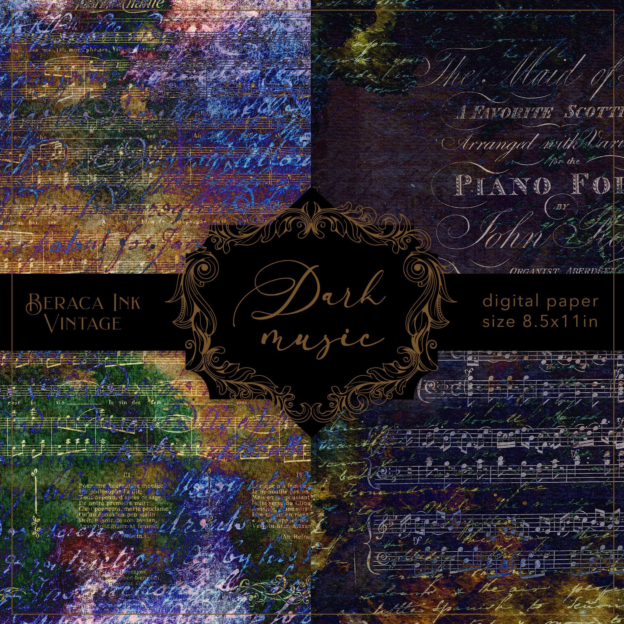 Dark Music Digital Paper, LETTER SIZE Scrapbook, Vintage Music Sheet ...