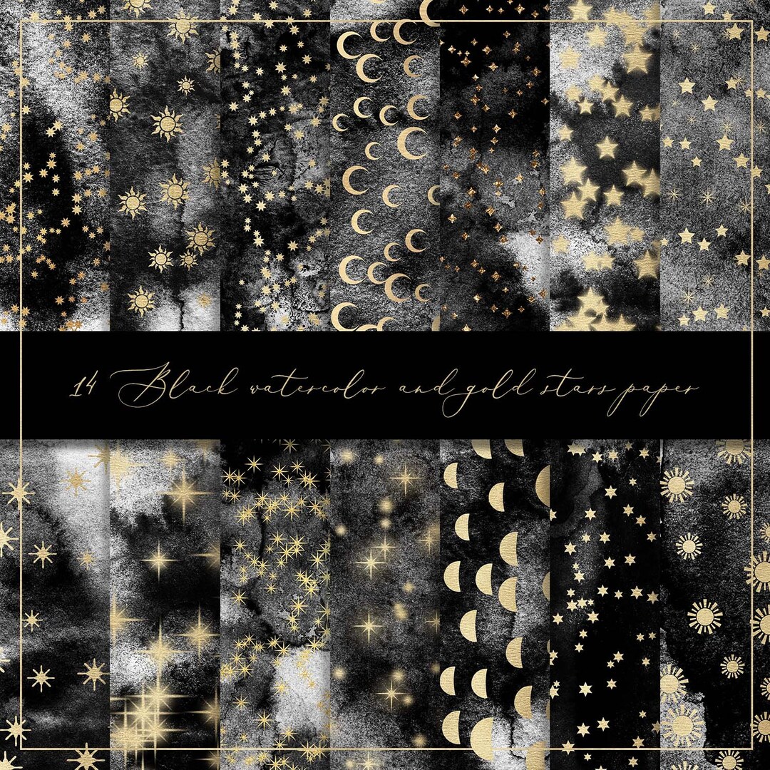 Black Watercolor Digital Paper, Gold Stars Pattern, Black Background ...