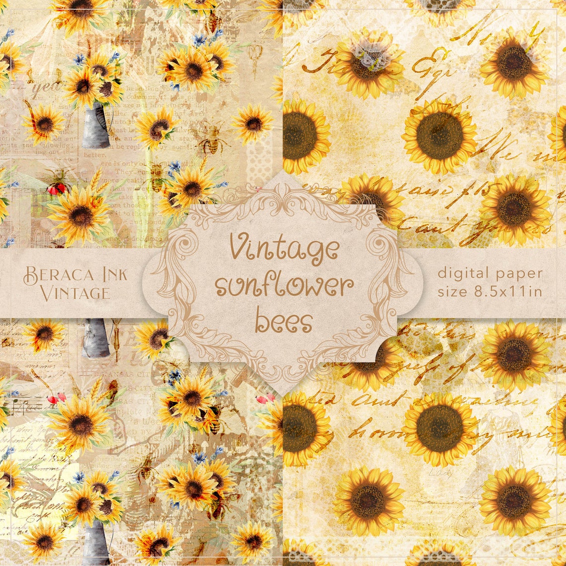 Vintage Sunflower Bees Digital Paper LETTER Size Honey Bee - Etsy