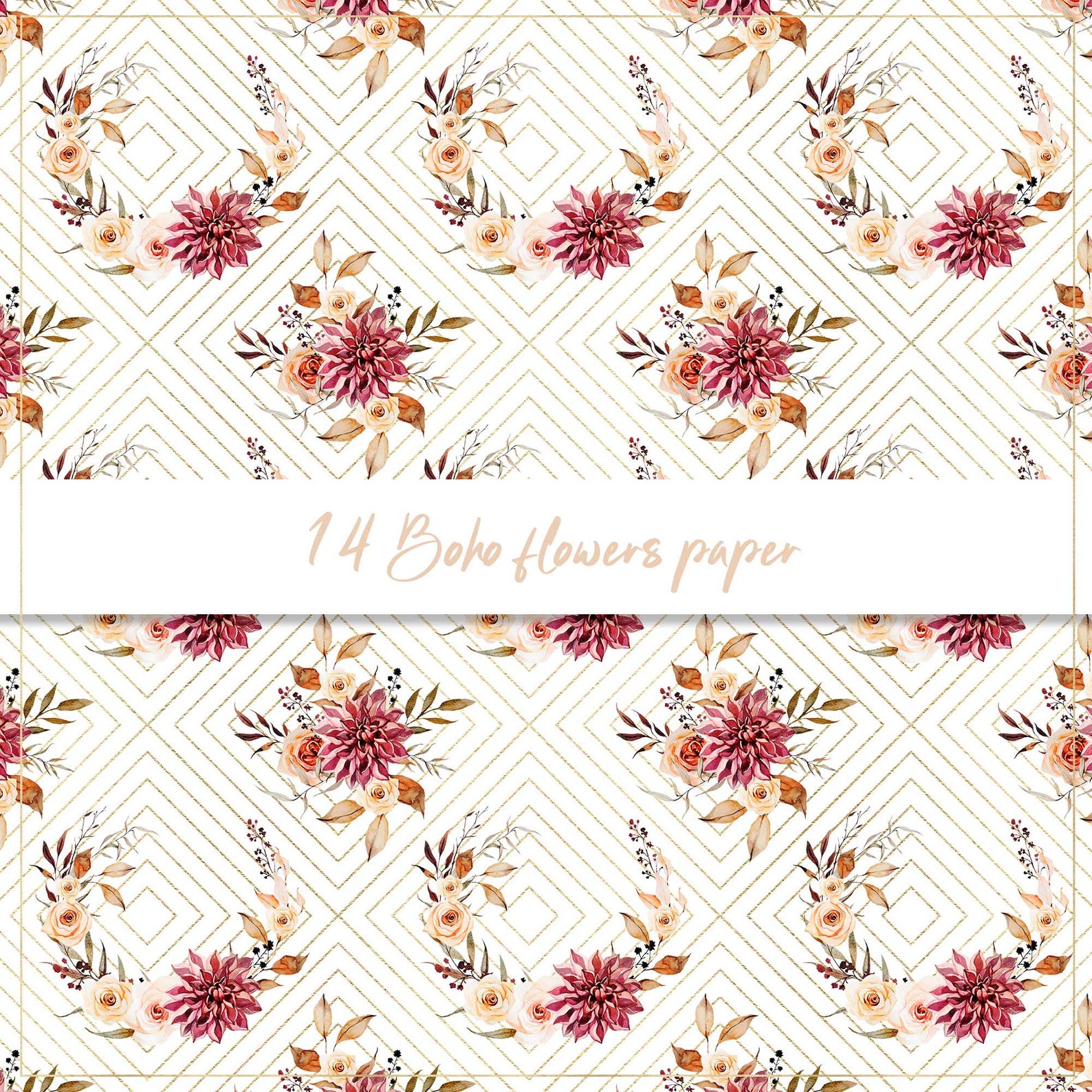 Boho Flowers Digital Paper, Floral Seamless Pattern, Pampas Grass, Dead ...