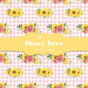 Honey Bees Digital Paper, Seamless Pattern, Sunflower Background, Bee ...